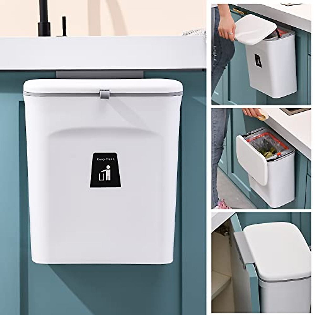 WDPUCHU 2.4 Gallon Hanging Trash Can for Kitchen Cabinet Door with Lid, Small Under Sink Garbage Can for Bathroom, Wall Mounted Counter Waste Compost Bin (White)