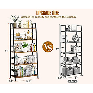 SpringSun 5 Tier Bookshelf Industrial Ladder Shelf Open Display Storage Rack Wood Bookcase with Metal Frame, Freestanding Storage Shelves for Home Office, Living Room, Bedroom, Kitchen