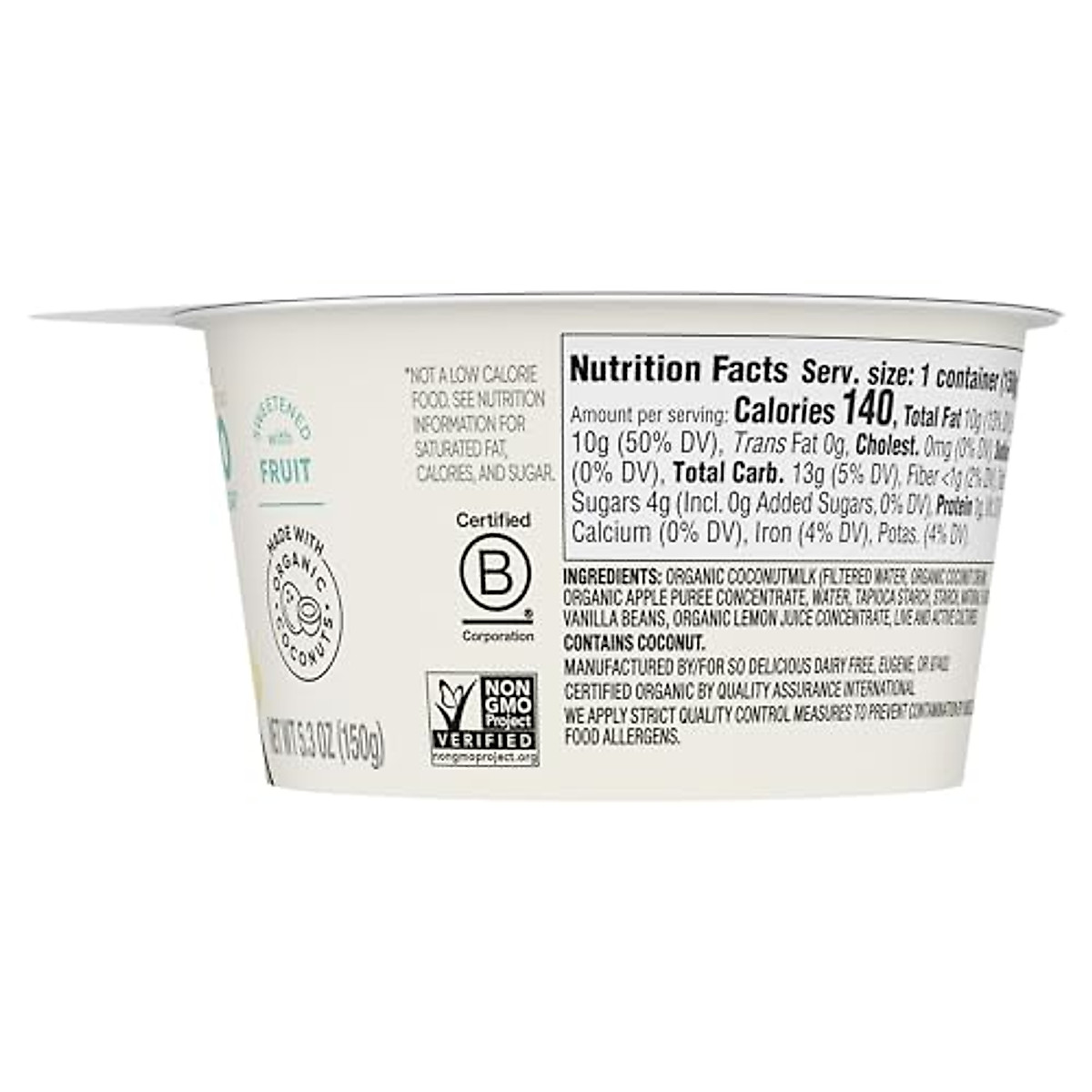 So Delicious Dairy Free Coconut Milk Yogurt Alternative, 0g Added Sugar Vanilla, Vegan, Gluten Free, Non-GMO, Creamy Plant Based Vanilla Yogurt Alternative, 5.3 Oz Container