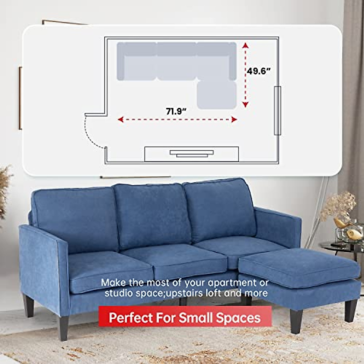 L Shaped Couch sectional Sofa Fabric Sofa Small Sofa Convertible Sofa for Small Living Room, Apartment and Small Space,Navy Blue