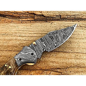 Damascus Steel Folding Pocket Knife With Ram Horn Handle - 100% Handmade Gift Knives for Men With Leather Sheath - 7.5 inches Knives For Hunters - Perfect for Any Occasion, Birthday, Anniversary, Wedding, Graduation