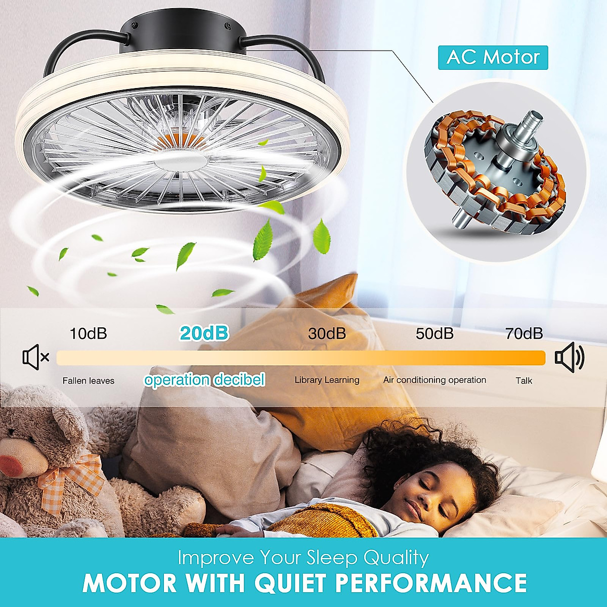 Low Profile Ceiling Fan with Light - Modern Flush Mount Ceiling Fan,15" RGB Dimmable LED Enclosed Ceiling Fans,Modern Bladeless LED-RGB Ambient Light for Bedroom Kids Room Party（Black）