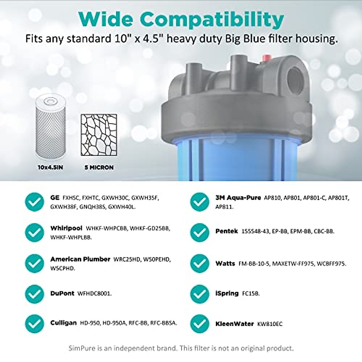SimPure 5 Micron 10 x 4.5-in CTO Carbon Water Filter Whole House | Premium Coconut Shell Charcoal Replacement Cartridge | Fits DB10P, GE GXWH40L, GXWH35F, BB10, FXHTC, FC15B (2Pack)
