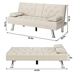 HIFIT Futon Sofa Bed, Upholstered Convertible Folding Sleeper Sofa Bed with Removable Armrests, Modern Futon Couch for Living Room, Bedroom, 2 Cupholders, Metal Legs, Beige