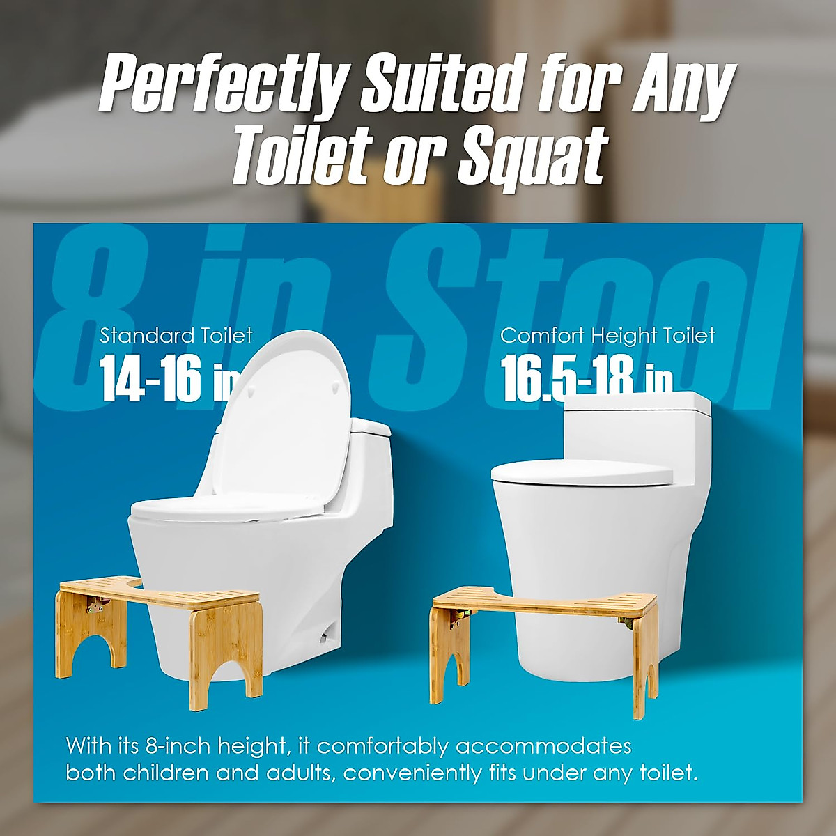 Toilet Stool for Adult and Kids, 8 Inches Toilet Squat Stool for Bathroom Foldable Bamboo Toilet Foot Potty Poop Stool with Non-Slip Pads - Improved Bowel Movement (Natural Color)