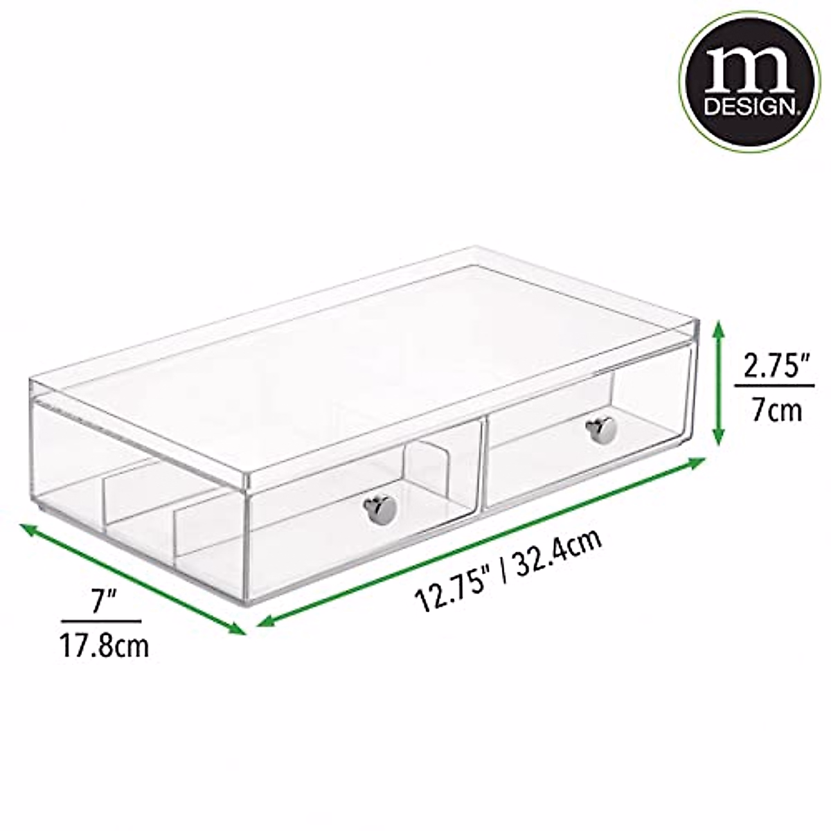 mDesign Wide Stackable Plastic Eye Glass Organizer Box Holder for Sunglasses, Reading Glasses, Lens Cleaning Cloths, Accessories - 2 Divided Drawers with 6 Sections, Chrome Pulls, Clear