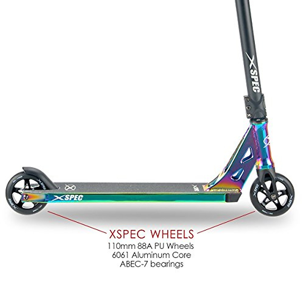 Xspec Rainbow Neo Chrome Pro Stunt Kick Scooter, Unique Oil Slick Anodized Design, Aluminium with BMX Handlebars Reinforced Aluminium Wheels and Fork