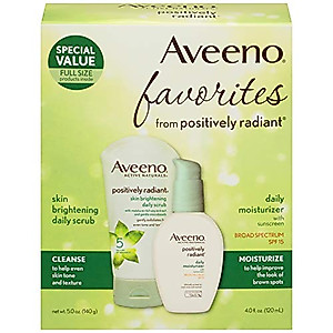 Aveeno Positively Radiant Morning Radiance Skin Care Gift Set with Daily Face Scrub & Moisturizer with SPF 15 Sunscreen, Helps Brightens Skin & Evens Tone, Non-Comedogenic & Hypoallergenic, Set of 2