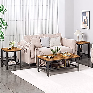 AWQM 3 Pieces Coffee Table Set, Industrial Coffee Table with 2 Square End Side Tables, Modern Living Room Table Set with Metal Frame for Apartment Home Office, Rustic Brown