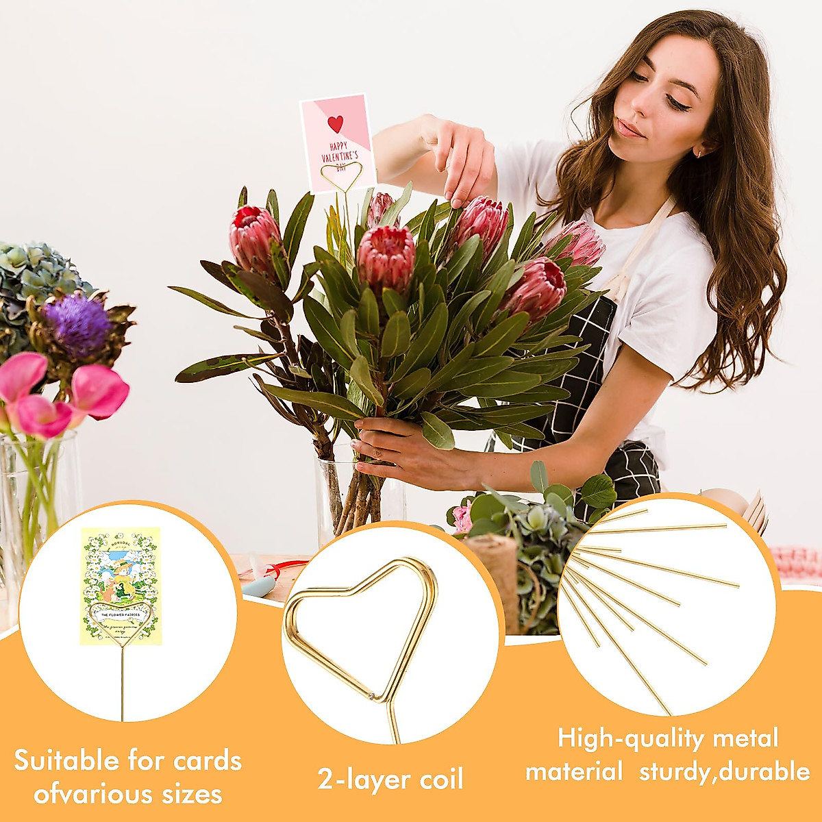 LLOUSSAK 20Pcs Flower Card Holder Stick, 11.8'' Wire Floral Card Holder Picks Heart Shape Gold Place Card Holders, Picture Sticks Clips for Table Bouquet Wedding Party Gift Card Photo