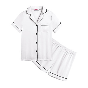 Veseacky Big Girls Boys Pajamas Set Satin Silk Short Sleeves Sleepwear 2 Piece Button-Down Classic Pjs Set (White,12y)