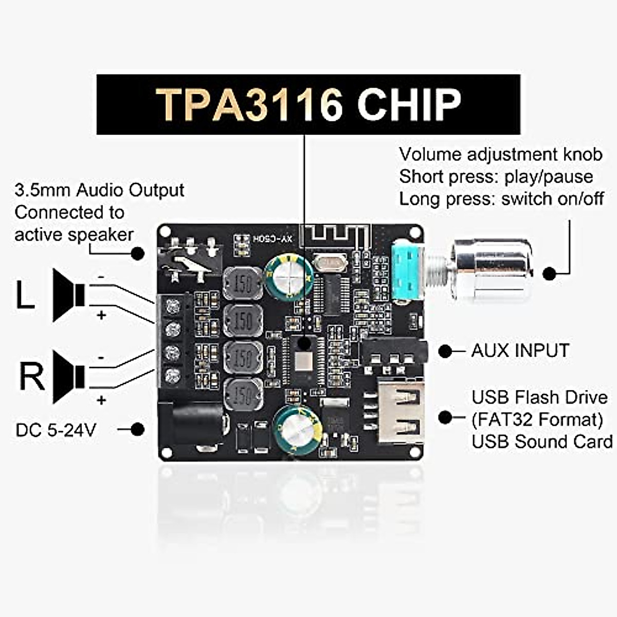 XY-C50H Bluetooth Amplifier Board, TPA3116D2 HiFi Chip 12-24V DC Input,Support USB Sound Card/USB Flash, AUX, Bluetooth Multiple Input Modes (XY-C50H with 12V/5A DC Power Adapter