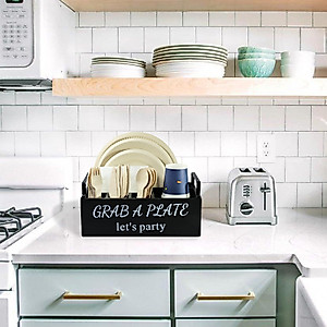 Paper Plate Holder, Utensil Caddy Organizer, Wood Paper Plate Dispenser, Silverware Caddy Holder, and Disposable Coffee Bar Accessories Box for Kitchen Counter, Party, Camping, Picnic (6 compartment)