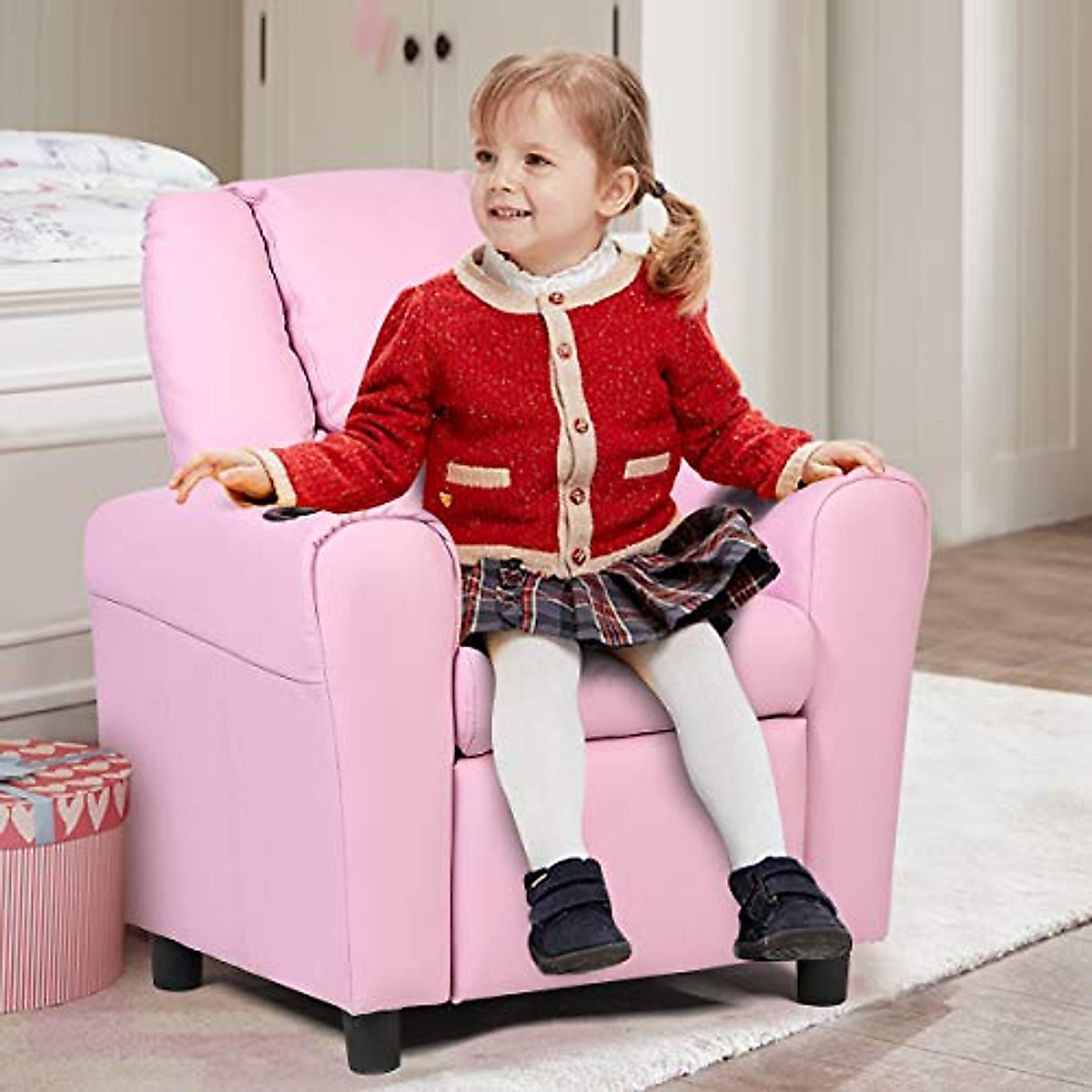 Costzon Kids Recliner Chair with Cup Holder, Toddler Furniture Children Armrest Sofa w/Headrest & Footrest for Girls Boys Baby Bedroom, Kids Room, PU Leather Kids Recliner Couch (Pink)