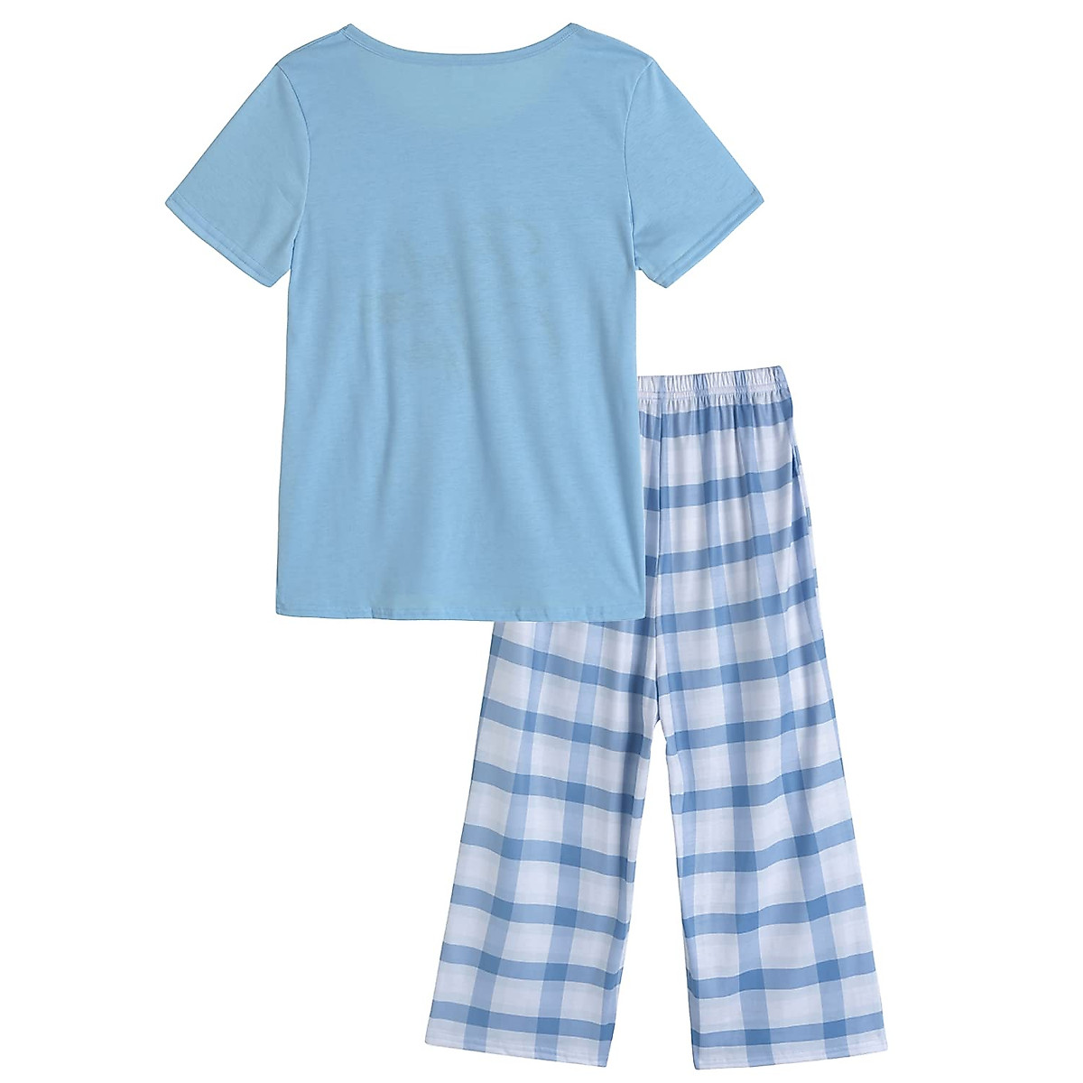 YIJIU Women's Capri Pajama Sets Summer Letter Coffee Print Short Sleeve Sleepwear Pjs Sets,Blue Plaid,XXL