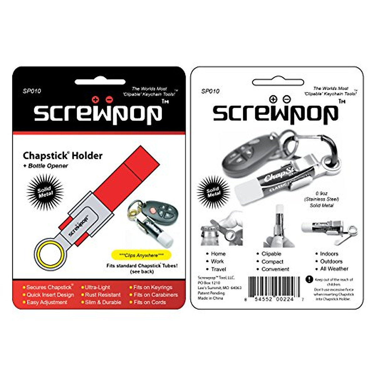Screwpop Chapstick Holder Keychain and Carabiner Attachment Compact Pocket Multi-Tool with Bottle Opener Stainless Steel Construction