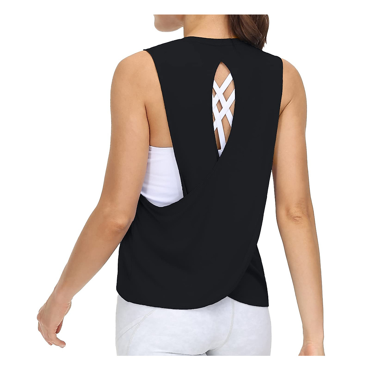 THE GYM PEOPLE Women's Open Cross Back Workout Tank Tops Loose Fit Sleeveless Yoga Running Shirts Black