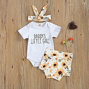 Newborn Infant Baby Girl Daddys Little Girl Short Sleeve Romper Tops Sunflower Shorts Pants Headband Summer Outfits (White-Sunflower, 0-3 Months)