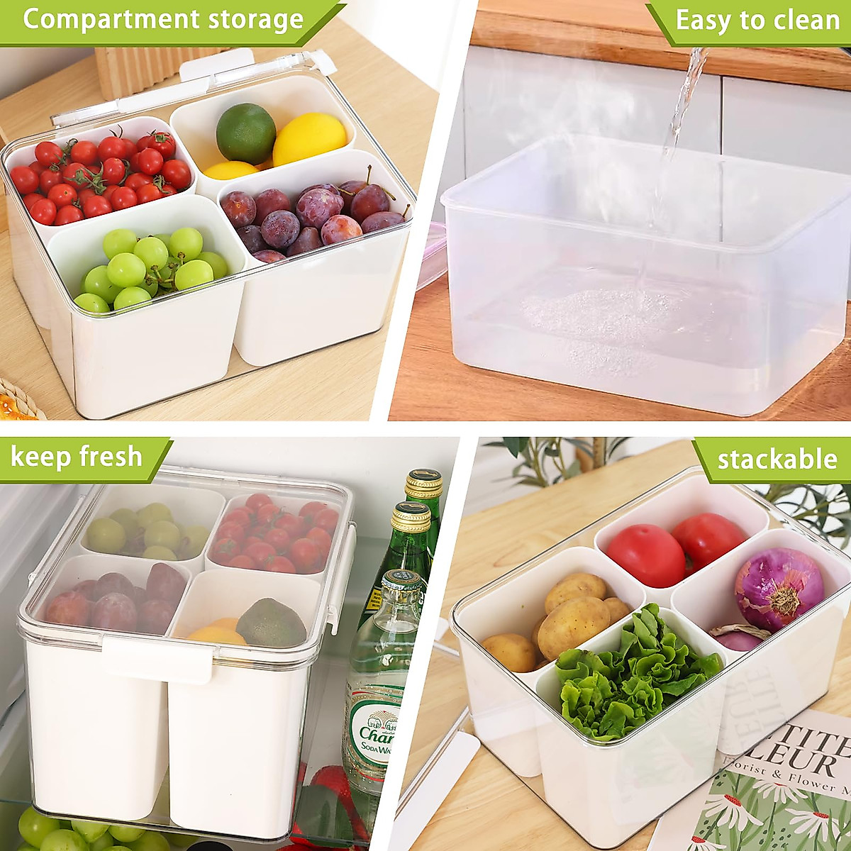 Moretoes 1 Pack Veggie Tray with Lid Sealed Sectioned Fruit Snack Serving Platter Vegetable Storage with 4 Compartments Fruit Storage Containers for Fridge (7.8L)