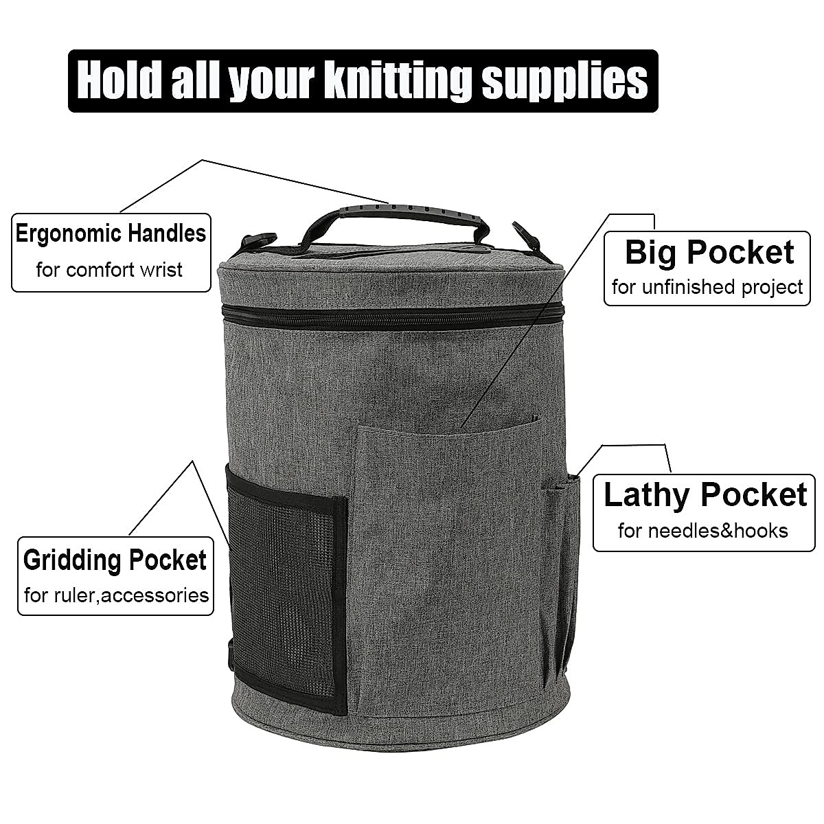 Weabetfu Large Capacity Portable Yarn Organizer Knitting Tote Storage Bag with Shoulder Strap Yarn Bags Have Pocket for Crochet Hooks,Knitting Needles & Accessories,Prevent Yarn Tangle(Grey)