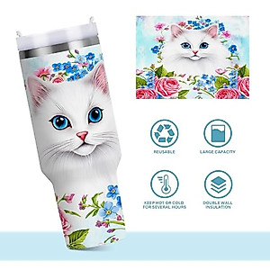Cozy White Cat Rose 40 Oz Tumbler with Handle, Stainless Steel Cups with Lid, Travel Coffee Tumbler