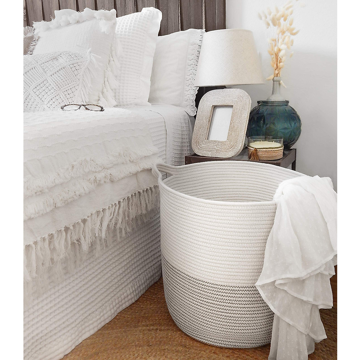 Large Woven Storage Baskets (Set of 2) Decorative Blanket Basket for Living Room, Toys, Pillows, Nursery or Towels. Laundry Hamper. Baskets for Organizing. Cotton Rope Baskets