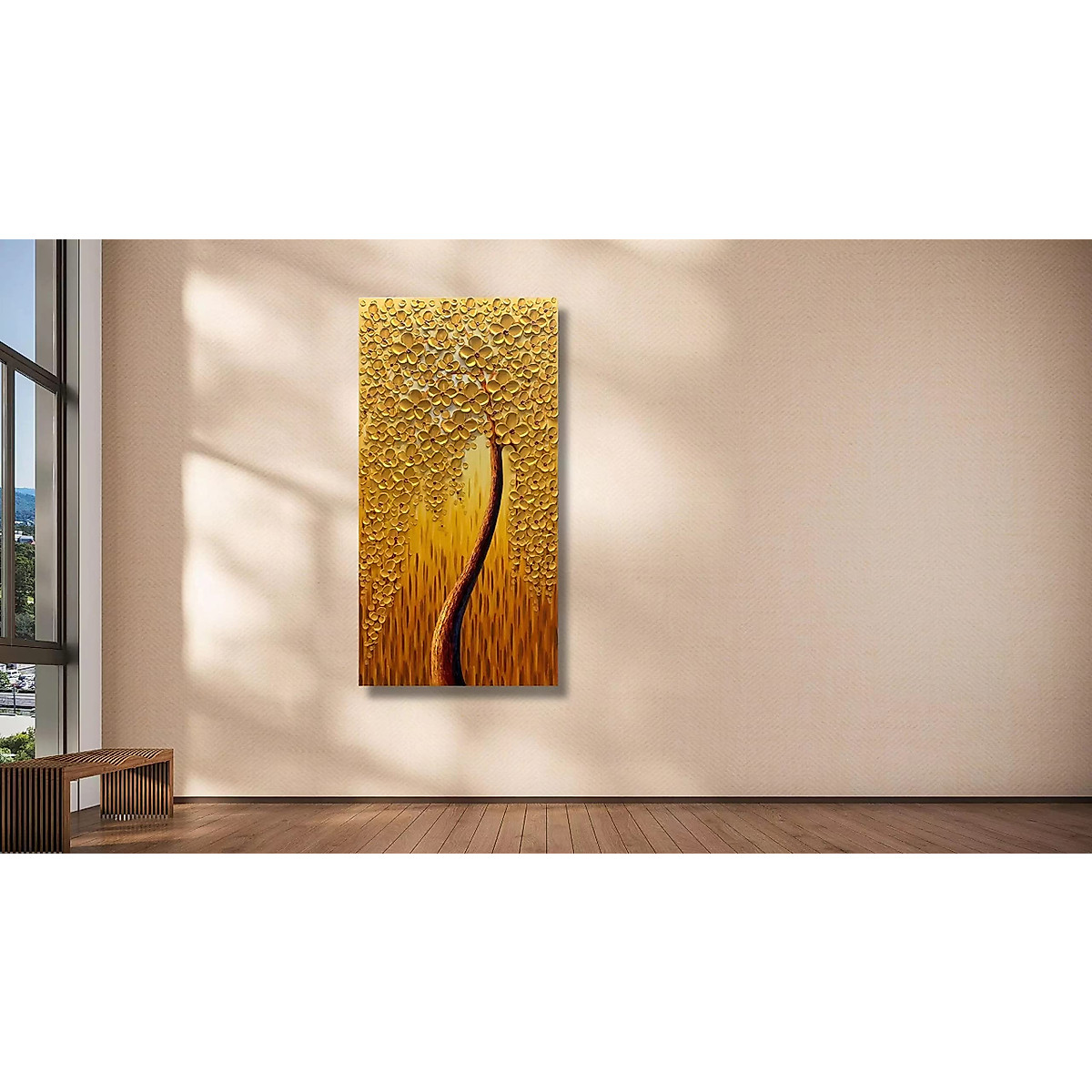 Yika Art, 3D Paintings Modern Abstract Oil Painting Hand Painted On Canvas Abstract Artwork Picture Wall Decoration for living room - Golden Lucky Tree Wall Art-24X48 Inch