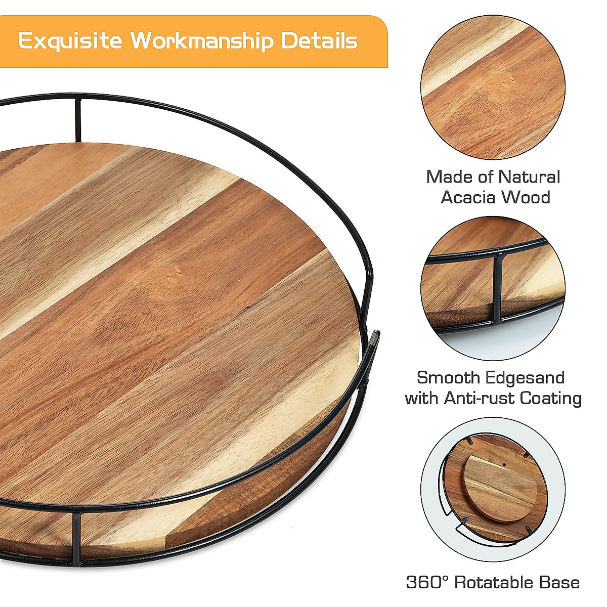 Lazy Susan Organizer, HYMENEX Lazy Susan Turntable for Cabinet Acacia Wood Lazy Susan for Table 13-inch Lazy Susan Organizer for Cabinet Spice Fridge Pantry Countertop, 360 Degree Turntable