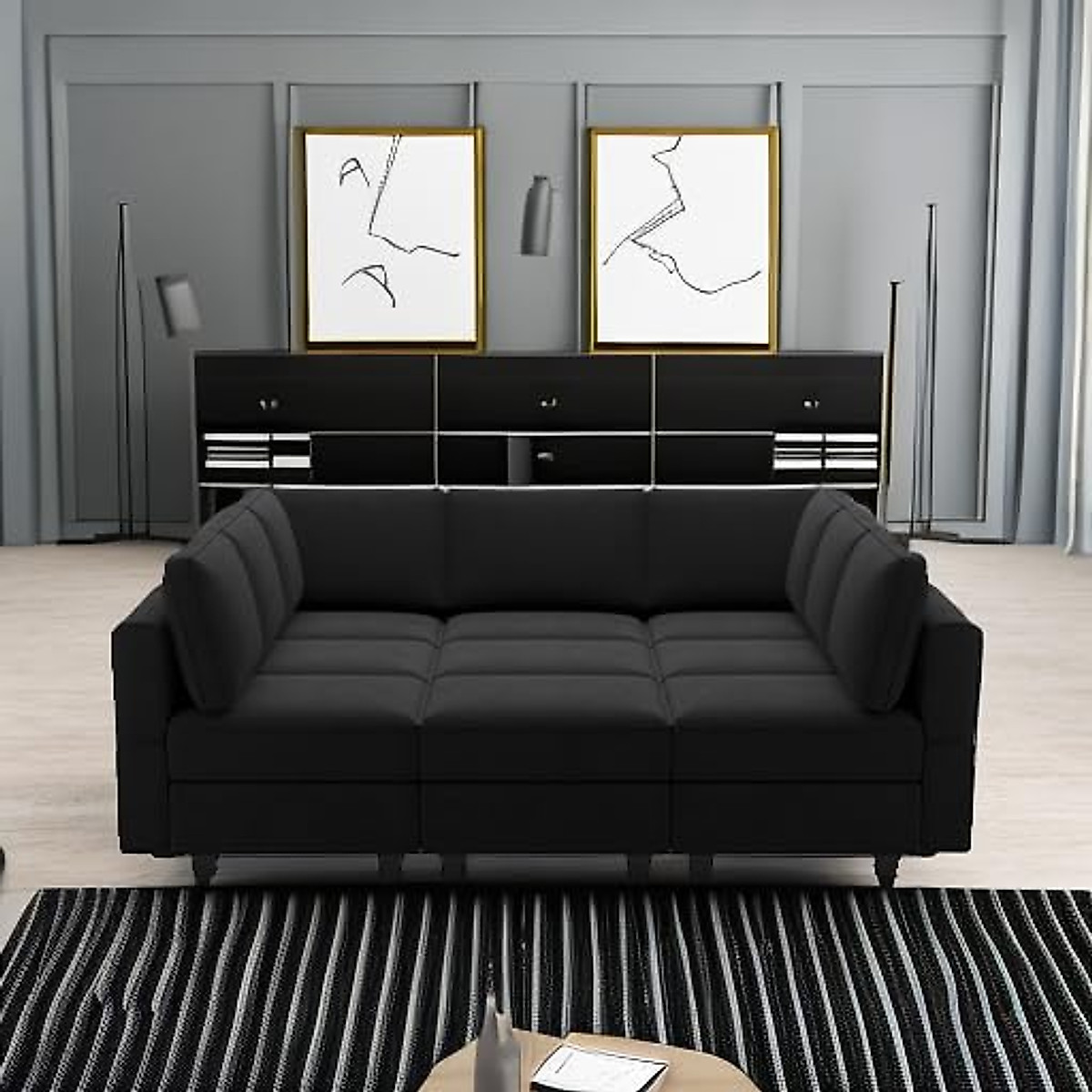 Belffin Modular Sectional Sofa with Ottomans Velvet Reversible Sleeper Chaise Bed Storage Seat Black