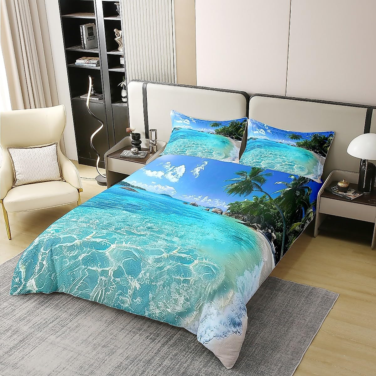 Ocean 100% Cotton Duvet Cover Queen, Palm Leaves Printd Comforter Cover, Summer Beach Decor Hawaiian Vacation Style Bedding Set, Green Palm Trees Tropical Nature Sea Theme Quilt Cover 3Pcs