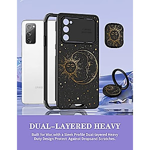 Goocrux (2in1 for Samsung Galaxy S20 FE 5G Case Sun and Moon for Women Girls Cute Stars Space Phone Cover with Slide Camera Cover+Ring Holder Fashion Golden Print Design Cases for S20FE 6.5''
