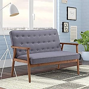 JOYBASE Loveseat Sofa, 2-Seater Sofa Couch, Mid-Century Retro Modern Fabric Upholstered Wooden, Grey