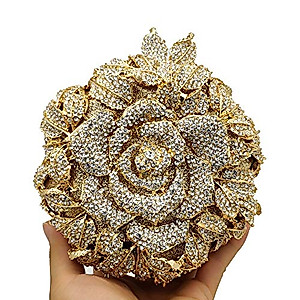 Boutique De FGG Round Shape Rose Flower Crystal Clutch Purses for Women Formal Evening Bags Wedding Party Handbags (Small,Gold&Silver)