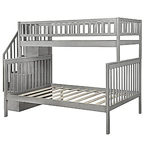 Merax Twin Over Full Bunk Bed with Stairs, Wood Bed Frame with Storage Space and Guard Rail for Bedroom, Dorm, for Teens, Adults, Grey