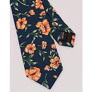 WITZROYS Men's Skinny Tie Floral Cotton Necktie and Tie Bar Clip Sets, Great for Weddings,Groom,Groomsmen (Blue & Orange #A4)