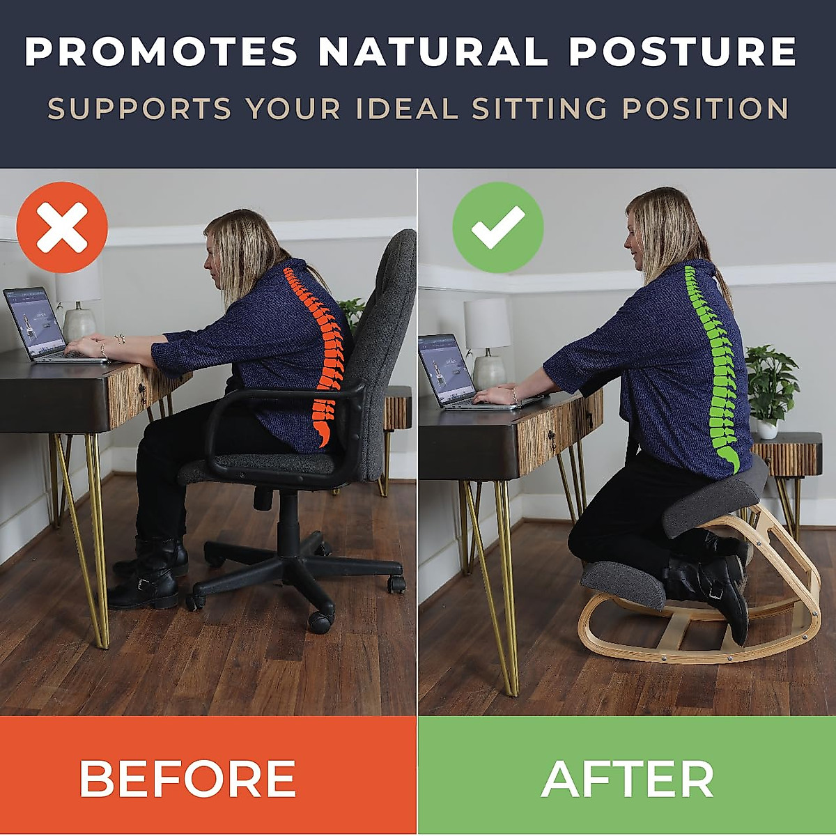RRI Goods Kneeling Desk Chair, Sturdy Ergonomic Kneeling Chair for Office and Students, Rocking Motion for Natural Movement