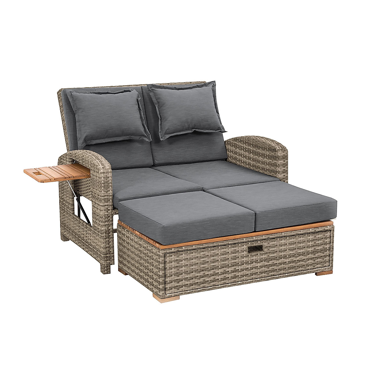 Greemotion Bahia Tobago Patio Poly Rattan Daybed, Steel Frame Loveseat Sofa Storage Ottoman Bench with Teak Retractable Side Tray, 5-Way Adjustable Cushioned Backrest (Brown/Dark Gray)