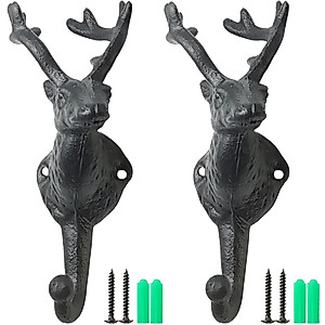 NSBELL 2PCS Rustic Heavy Duty Cast Iron Deer Head Hook Wall Antler Key Holder Hanging Towel Key Coat Rack Durable Iron Hanger Living Room Bathroom Room Kitchen Wall Decoration