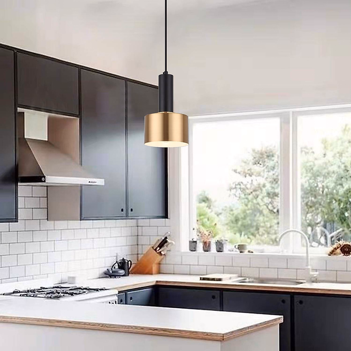 Modern Mini Pendant Light with 4W LED Bulb, One-Light Adjustable Metal Pendant Lighting Fixture for Kitchen Island Cafe Bar, Gold and Black