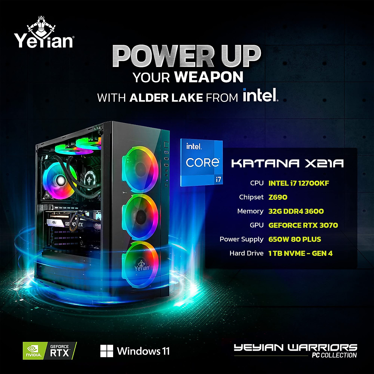 YEYIAN Katana X21A Gaming PC Computer, Intel 12th Gen Alder Lake i7-12700KF 12-Core 3.6GHz, GeForce RTX 3070 8GB GDDR6, 1TB NVMe Gen 4 SSD, 32GB DDR4 3600MHz, 120mm AIO, WiFi 6, BT 5.2, 650W 80+ Gold