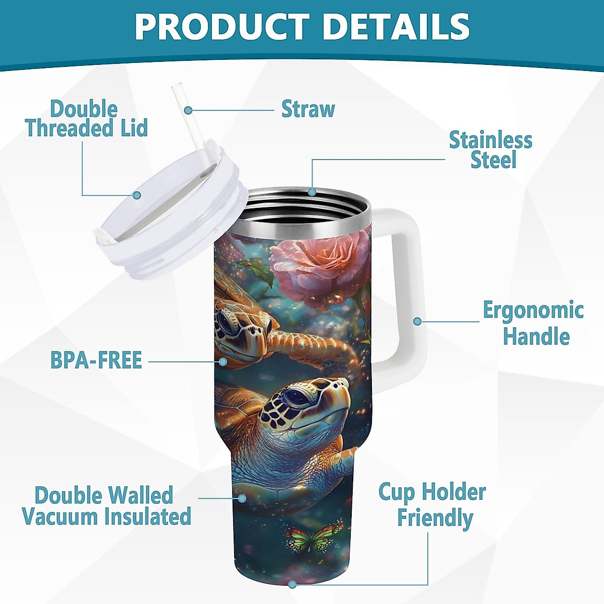 Slewiaeky Tumbler with Handle 40 oz Ocean Turtle Sea Travel Mug with Lid and Straw Butterfly Stainless Steel Vacuum Insulated Water Bottle Cup for Iced Tea Coffee Cold Beverages Cup Holder Friendly