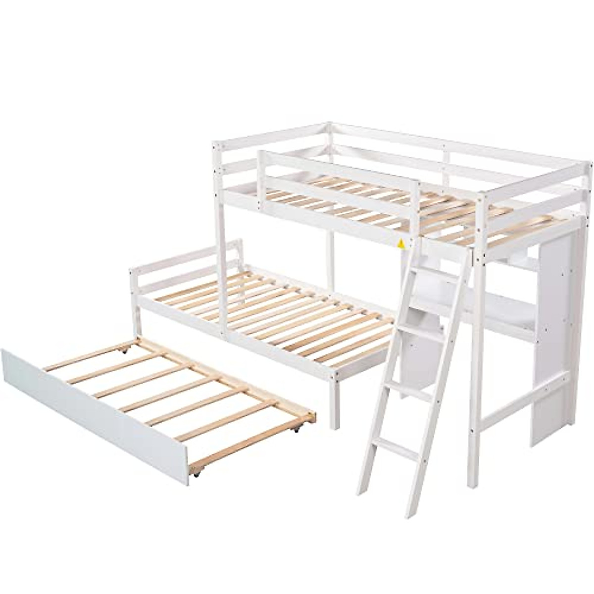 MOEO Twin Over Twin Bunk Bed with Trundle and Ladder for Kids, Adults, Wooden Bunkbed Frame w/Convertible Built-in Desk & Down Bed, Save Space, No Box Spring Required, White