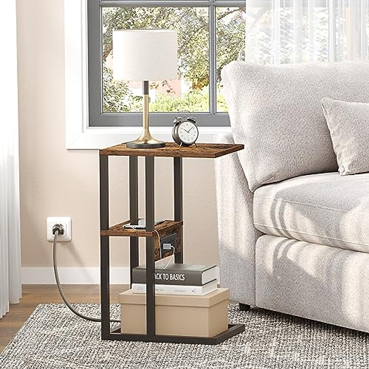 TUTOTAK C-Shaped Side Table, Set of 2, C Table End Table with Charging Station, Sofa Couch Table for Small Spaces, Couch Side Table for Livingroom, Bedroom, Brown TB01BB0432