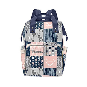 Antlers Elk Deer Feather Arrow Patchwork Blue Diaper Bags with Name Waterproof Mummy Backpack Nappy Nursing Baby Bags Gifts Tote Bag for Women