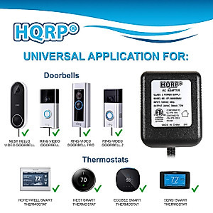 HQRP 24V AC Adapter Transformer Works with All Versions of Ring Doorbell, Nest Ecobee Sensi Honeywell Thermostat C-Wire, 25ft Cable
