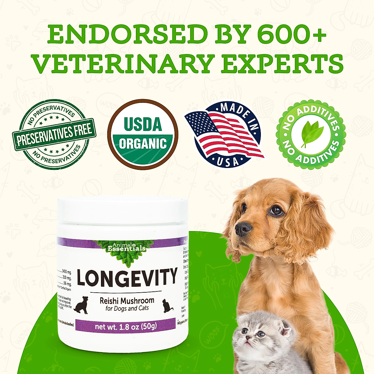Animal Essentials Longevity Reishi Mushroom Supplement for Dogs & Cats - Healthy Cardiovascular & Liver Function, Supports Long Term Health, Mushroom Powder Extract, Antioxidant - 1.8 Oz (Pack of 1)