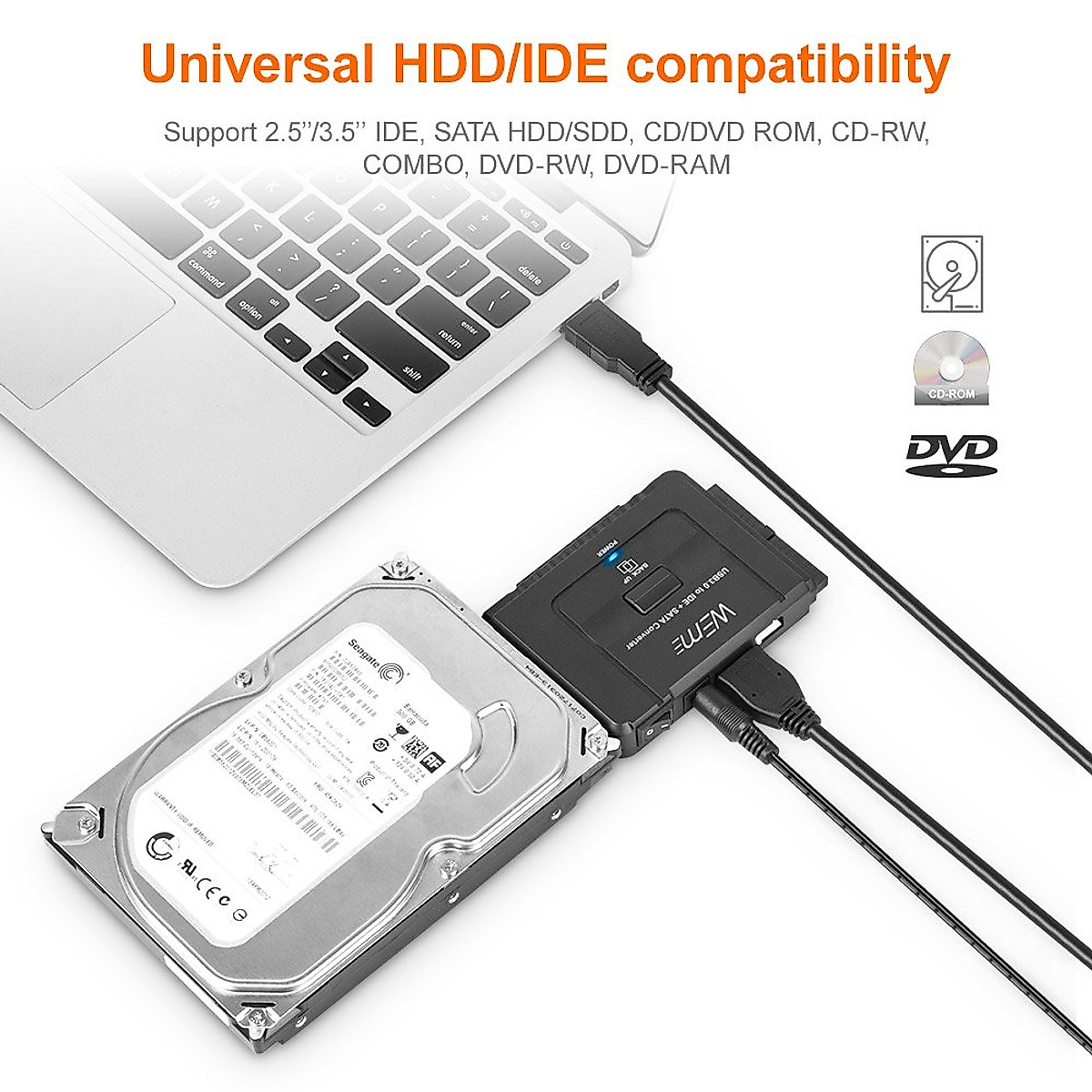 WEme USB 3.0 to SATA/IDE Adapter with Universal 2.5/3.5 Hard Drive Disk Converter for HDD/SSD & IDE HDD Support 6TB and One-Touch Backup Include 12V 2A Power Adapter + USB 3.0 Cable for Laptop