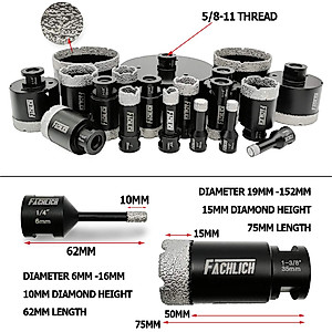 FACHLICH 5/16 Inch Diamond Hole Saw Vacuum Brazed Drill Core Bits for Tile Porcelian Marble Granite Brick
