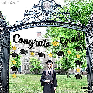 Congrats Grad Banner, Black Glitter - 10 Feet and Cap Garland, No DIY | Graduation Banner, College Graduation Decorations | Black and Gold Graduation Party Decorations 2023 | Congratulations Banner
