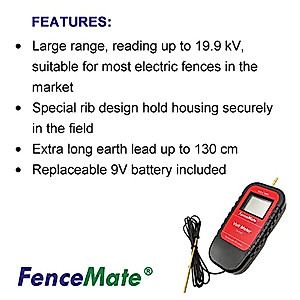 FenceMate Digital Volt Meter for Electric Fence, Range up to 19,900 V (19.9 kV), Fence Voltage Tester with Large LCD Display, Automatic On/Off, Grounding & 9V Battery Included